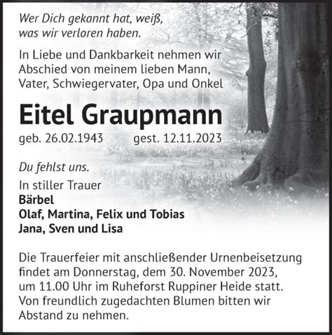 Traueranzeigen Von Eitel Graupmann Märkische Onlinezeitung Trauerportal
