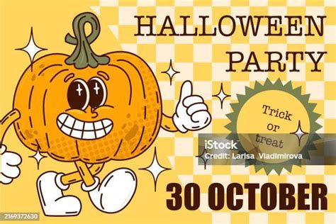 호박 캐릭터가 있는 할로윈 포스터 모든 성도의 즐거운 가을 휴일 그루비 스타일 프린트 고립 된 벡터 일러스트 레이 션 호박 조롱박과 식물에 대한 스톡 벡터 아트 및 기타