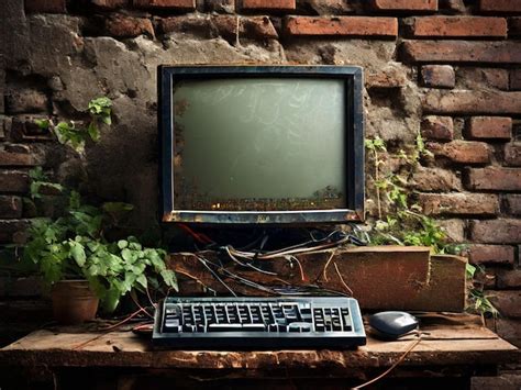 Premium Photo Old Computer Monitor On The Background Of A Brick Wall