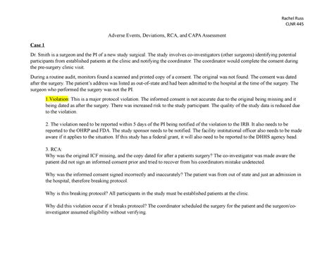 Adverse Events Deviations RCA And CAPA Assessment Studocu