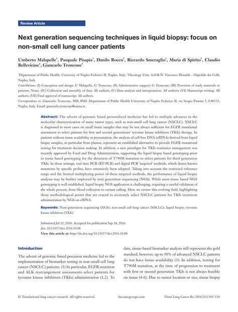 Pdf Next Generation Sequencing Techniques In Liquid Biopsy Focus On Non Small Cell Lung
