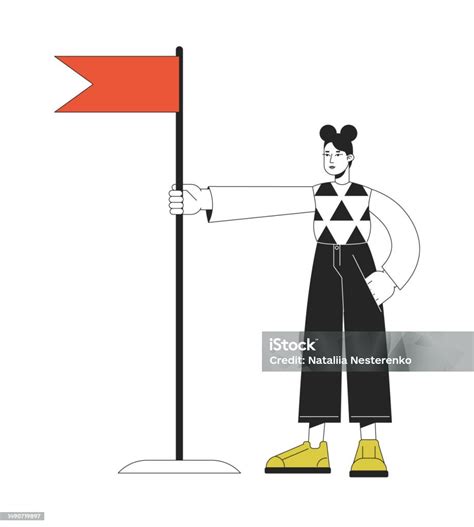 붉은 깃발 선형 플랫 컬러 벡터 문자를 가진 자신감 있는 소녀 2차 도형에 대한 스톡 벡터 아트 및 기타 이미지 2차 도형 Revolution 결심 Istock