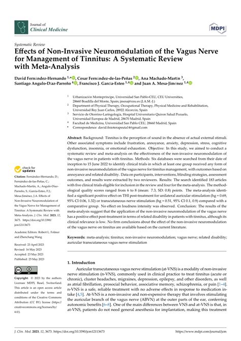 Pdf Effects Of Non Invasive Neuromodulation Of The Vagus Nerve For Management Of Tinnitus A