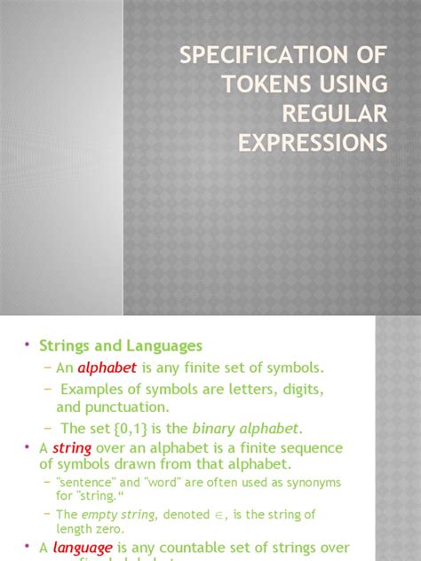 Specification Of Tokens Using Regular Expressions Pdf Regular Expression String Computer