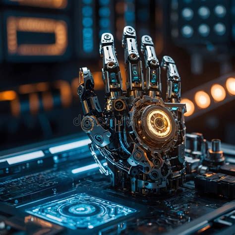 Futuristic Robotic Hand With Gears And Ai Symbols Grasping A Glowing Object Of Technology Stock