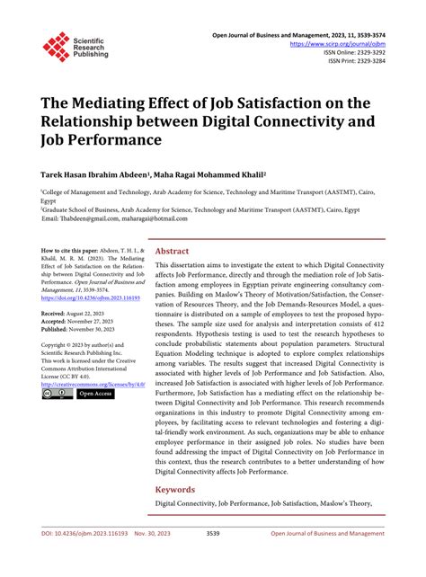 Pdf The Mediating Effect Of Job Satisfaction On The Relationship Between Digital Connectivity