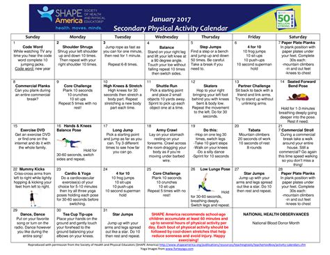 Physical Activity Calendar Template