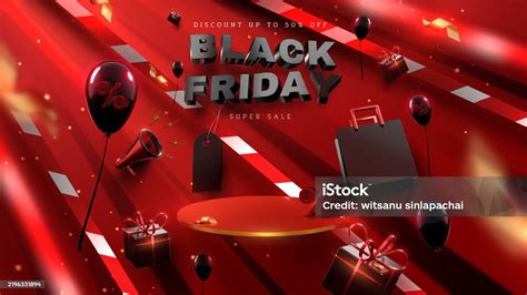 풍선 리본 확성기 선물 상자 및 와 같은 사실적인 3d 요소로 장식된 빈 금색 스탠드가 있는 블랙 프라이데이 템플릿입니다 3차원 형태에 대한 스톡 벡터 아트 및 기타 이미지