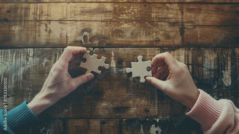 Couple Hands Joining Two Matching Puzzle Pieces Together Above Rustic Desk Background Ai