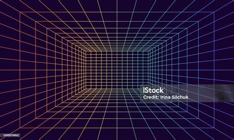 3d 스타일의 원근감 있는 그리드 룸 무지개 레이저 빔의 실내 와이어프레임 디지털 빈 상자 추상적인 기하학적 디자인 0명에 대한 스톡 벡터 아트 및 기타 이미지 Istock