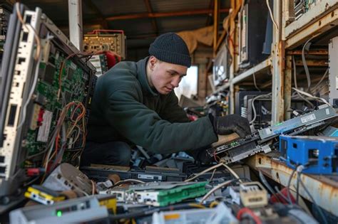 Worker Disassembling Old Electronics Sorting Components For Ewaste