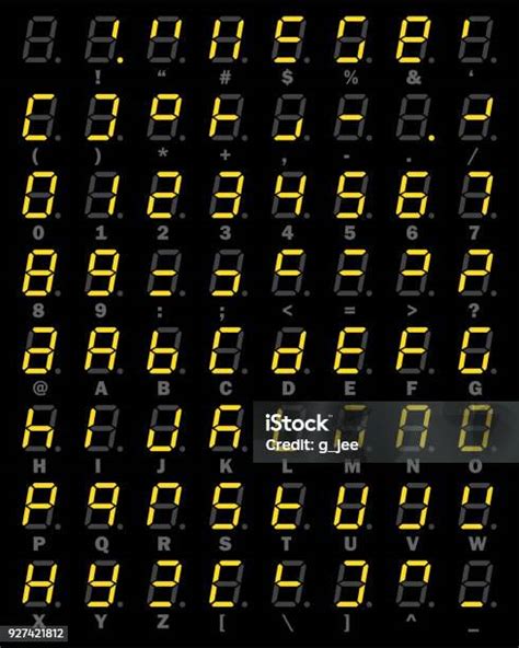 황색 Led 디지털 숫자와 알파벳 기호 집합이 그래픽 아이디어 디자인 개념에 대 한 검은 배경에 7 세그먼트 유형 알파벳에 대한 스톡 벡터 아트 및 기타 이미지 Istock
