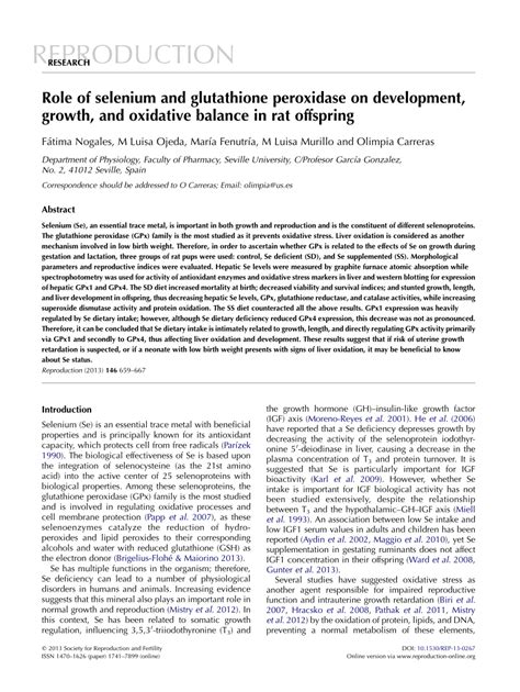 Pdf Role Of Selenium And Glutathione Peroxidase On Development Growth And Oxidative Balance