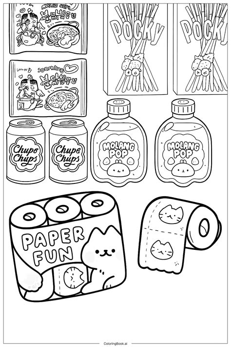 분홍색 테마 간식과 필수품 색칠하기 페이지 무료 Pdfandpng 인쇄 가능