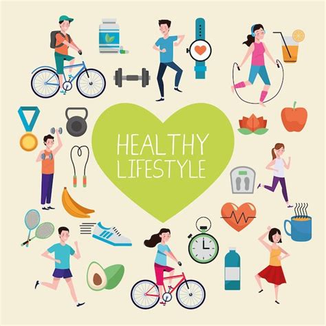 건강한 라이프 스타일 요소와 심장 그림 설정 프리미엄 벡터