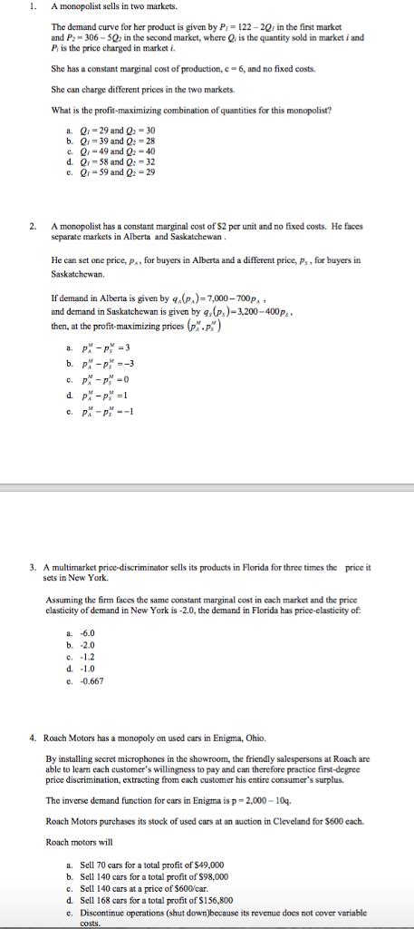 Solved 1 A Monopolist Sells In Two Markets The Demand
