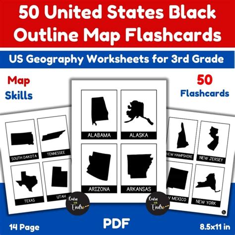 50 United States Black Outline Map Flashcards Us Geography Cards For