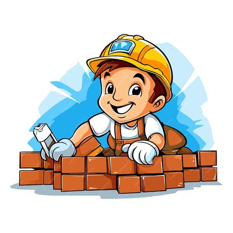 Trabalhador De Desenho Animado Pedreiro Parede De Construção Isolada Em