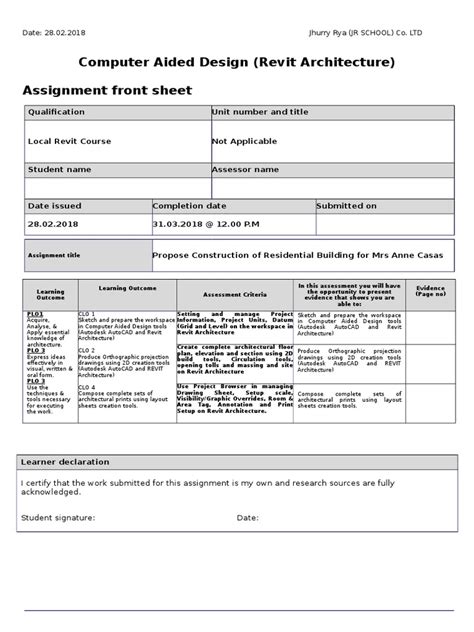 Computer Aided Design Revit Architecture Assignment Front Sheet Pdf
