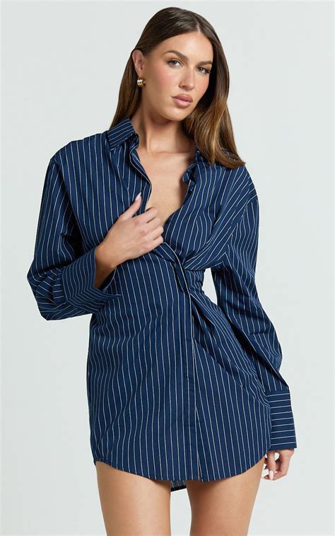 Sanya Mini Dress Cinched Waist Stripe Dress In Navy Pinstripe
