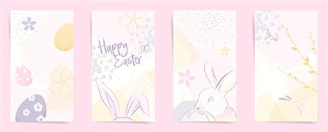 파스텔 부활절 이야기 템플릿 토끼와 꽃 달걀을 사용한 미니멀한 수직 디자인 고객 참여에 대한 스톡 벡터 아트 및 기타 이미지 고객 참여 공휴일 귀여운 Istock