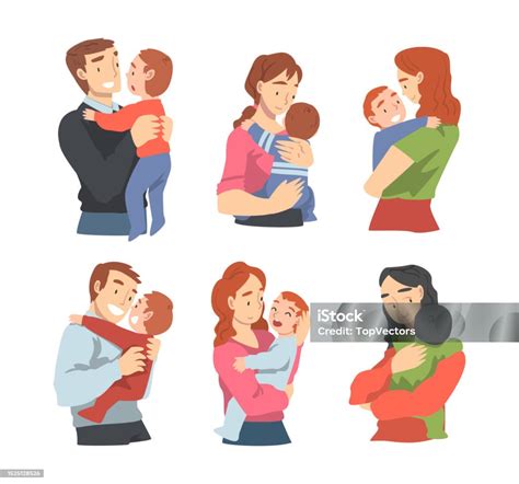 남자와 여자 캐릭터는 팔로 아기를 안고 그를 간호하는 벡터 세트 개념에 대한 스톡 벡터 아트 및 기타 이미지 개념 개체