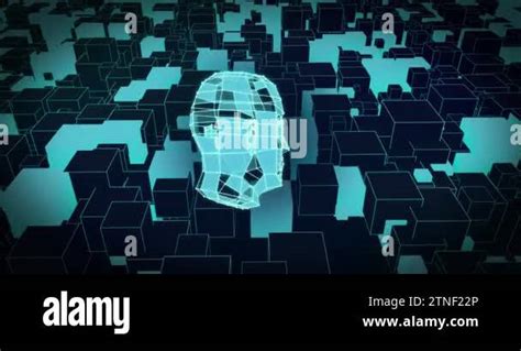 Animation Of Blue 3d Cuboid Head Model Rotating Over Moving Cubes Background Ai Deep Learning