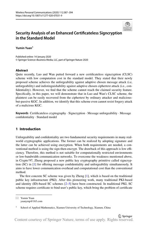 Security Analysis Of An Enhanced Certificateless Signcryption In The Standard Model