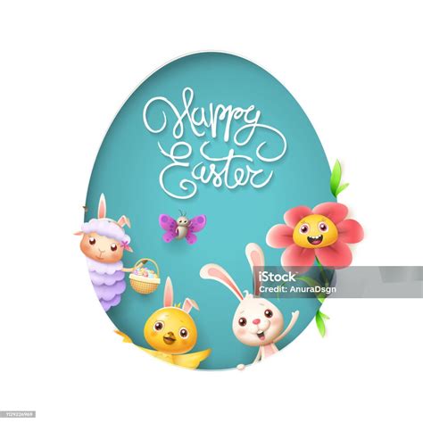 행복 한 부활절양 토끼 닭 나비와 꽃 계란 모양 구멍 파란색 배경 뒤에 엿보기 3차원 형태에 대한 스톡 벡터 아트 및 기타