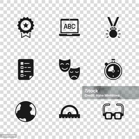 각도기 그리드 스톱워치 안경 희극 및 비극 마스크 메달 별 노트북 및 클립 보드 체크리스트 아이콘을 설정합니다 벡터 3위에 대한