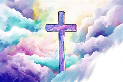 그래피티 스타일로 구름 위로 솟아오른 십자가의 생동감 넘치는 수채화 그림 종교적 주제에 적합 Generative Ai 프리미엄 사진