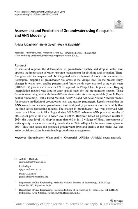 Assessment And Prediction Of Groundwater Using Geospatial And Ann