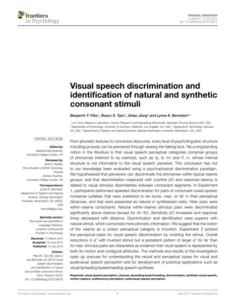 Pdf Visual Speech Discrimination And Identification Of Natural And Synthetic Consonant Stimuli