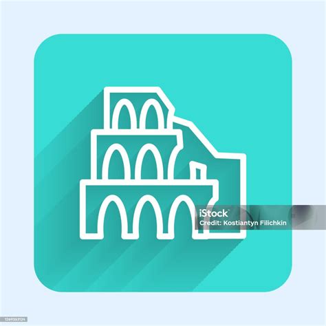 로마의 화이트 라인 콜로세움 긴 그림자로 고립 된 이탈리아 아이콘 콜로세움 기호 고대 로마의 상징 검투사 싸움 녹색 정사각형 버튼입니다 벡터 Brand Name Online