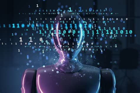 Futuristic Humanoid Robot With Glowing Digital Binary Code In Dark