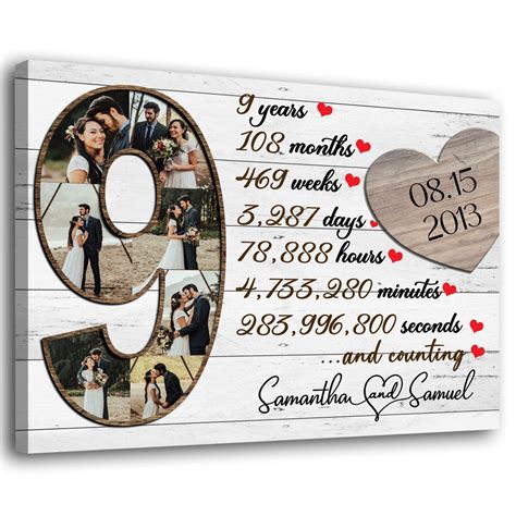 Personalized 9 Years 9th Anniversary Couple Photo Collage Canvas