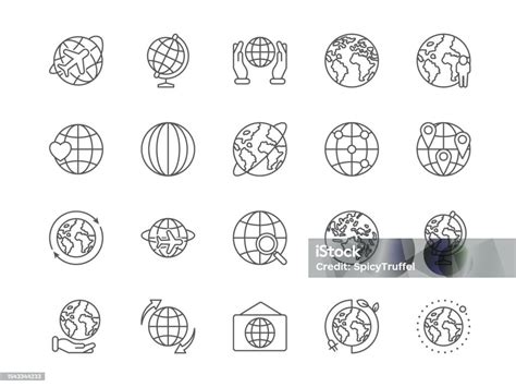 세계 지구 행성 아이콘입니다 손에 지구 글로벌 국제지도 유럽 국가 대륙과 바다 출장 지리 및 지도 제작 기호 벡터 선 픽토그램 세트 바둑판에 대한 스톡 벡터 아트 및 기타