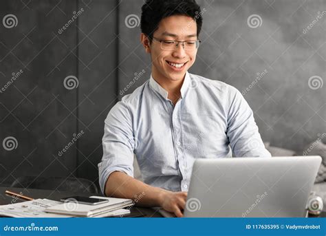 Happy Young Asian Man Using Laptop Computer Stock Image Image Of