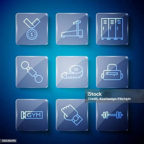 세트 라인 위치 체육관 스마트 시계 손 바벨 사물함 또는 탈의실 테이프 측정 아령 메달 과 스포츠 가방 아이콘 벡터 3위에 대한