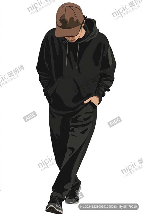 Ai创作图潮男人物手绘 穿卫衣的男生 鸭舌帽员工插画 人物背影插画 穿帽衫的男生 穿搭插画 手绘男生插画 中年男人插画 潮牌服装插画 潮酷服装