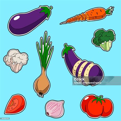 야채 스티커 스타일의 집합입니다 집합 포함 양파 브로콜리 토마토 마늘 가지 양배추 당근 꽃 양배추 슬라이스 및 전체 꽃 양배추에 대한 스톡 벡터 아트 및 기타 이미지