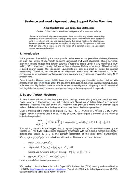 Pdf Sentence And Word Alignment Using Support Vector Machines