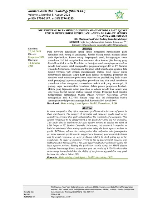 Pdf Implementasi Data Mining Menggunakan Metode Least Square Untuk Memprediksi Penjualan Lampu