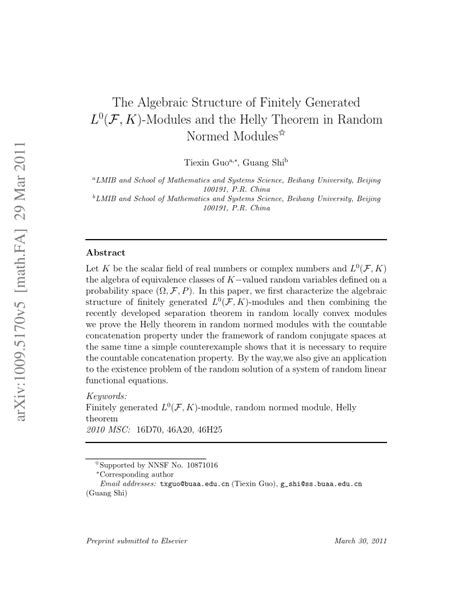 Pdf The Algebraic Structure Of Finitely Generated L {0} Mathcal{f} K Modules And The Helly