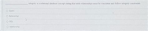 Solved Integrity Is A Relational Database Concept Stating Chegg