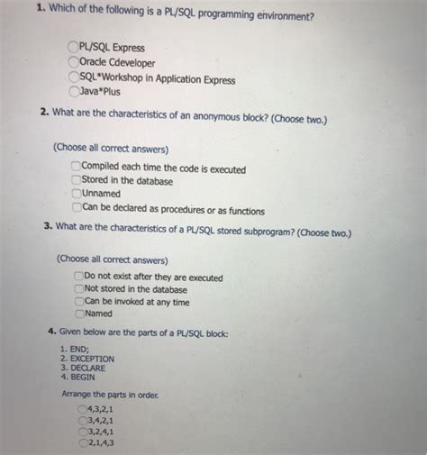 Solved 1 Which Of The Following Is A Pl Sql Programming