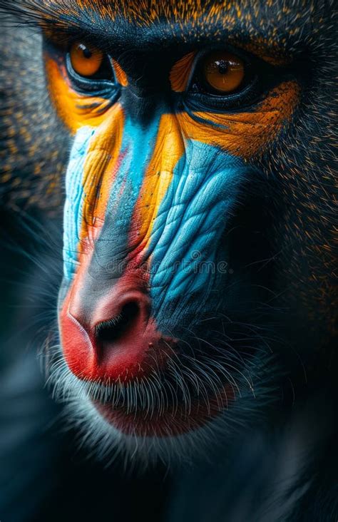 A Close Up Of A Monkey S Face With A Red Nose And Blue And Yellow