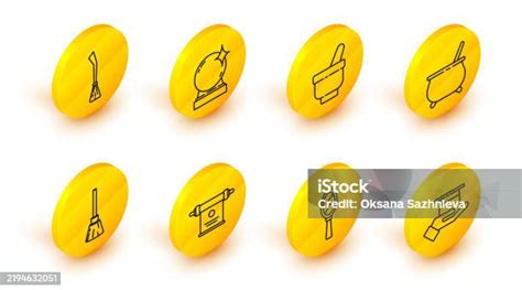 손에 마술사 모자 거울 스크롤 마녀 빗자루 가마솥 박격포 유봉 공 및 아이콘을 설정합니다 벡터 3차원 형태에 대한 스톡 벡터