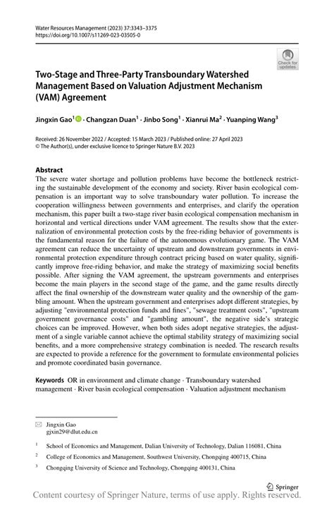 Two Stage And Three Party Transboundary Watershed Management Based On Valuation Adjustment