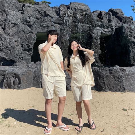 몽쉘커플 단독판매💘 여름 남녀공용 오버핏 테리 타올 카라 반팔 티셔츠 반바지 셋업 비치웨어 빅사이즈 커플 시밀러룩
